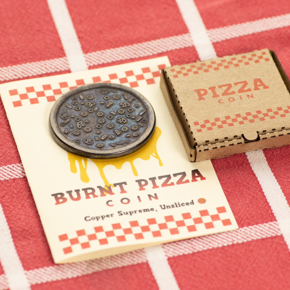 Burnt Supreme Pizza Coin with Tiny Pizza Box